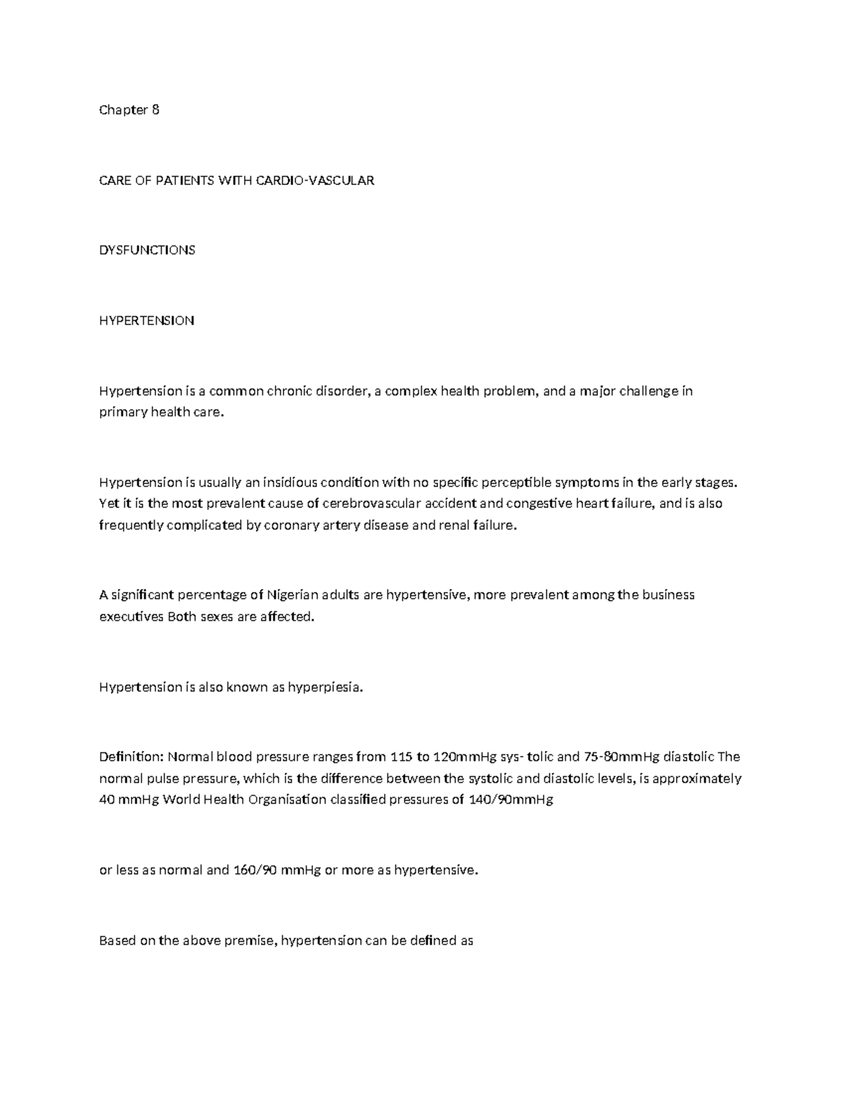 Hypertension - NOTE - Chapter 8 CARE OF PATIENTS WITH CARDIO-VASCULAR ...