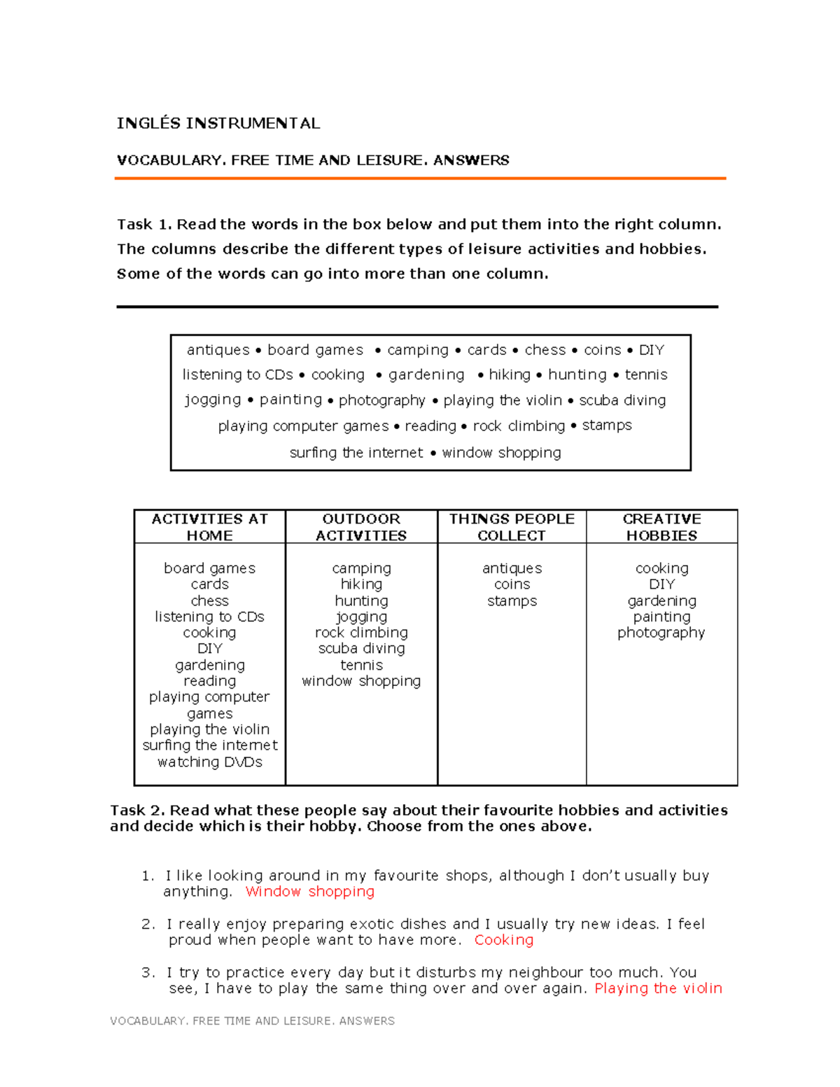 Vocabulary. Free time and leisure (Key) - INGLÉS INSTRUMENTAL ...