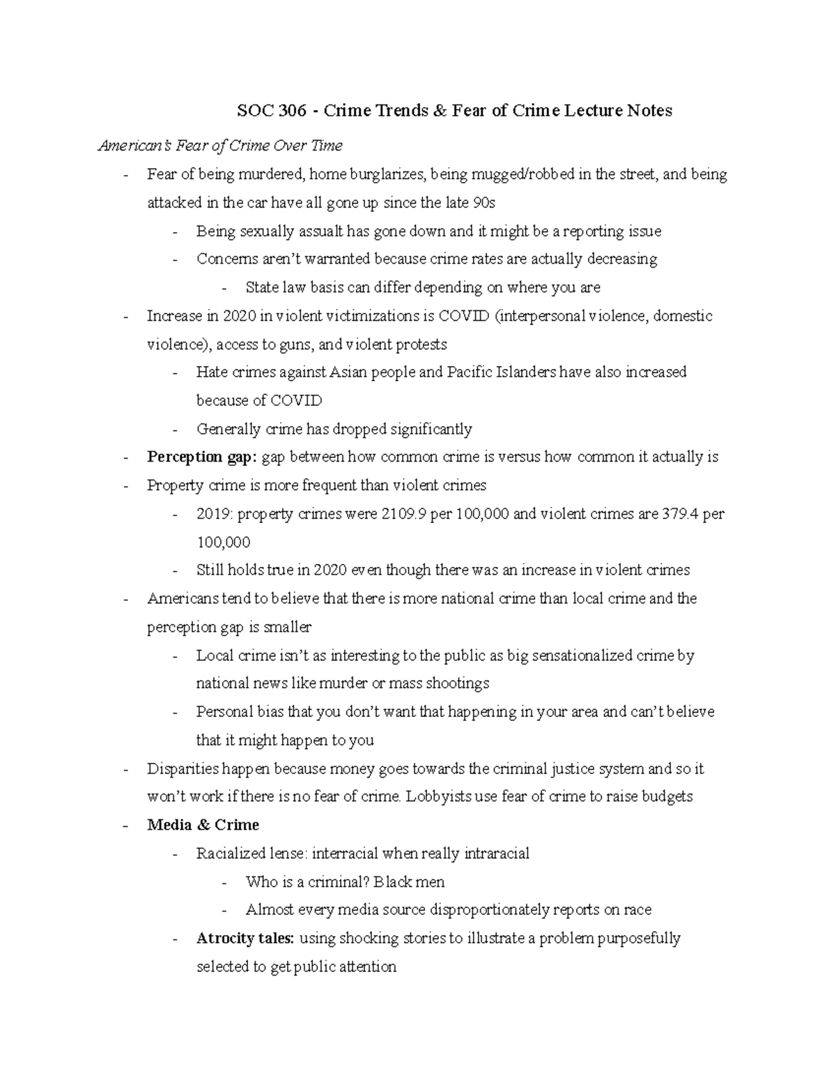 SOC 306 - Lecture Notes - SOC 306 - Crime Trends & Fear of Crime ...