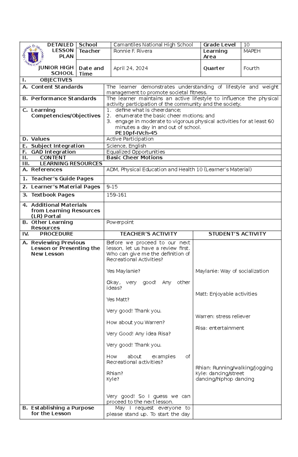 Lesson-PLAN Cheerdance - DETAILED LESSON PLAN JUNIOR HIGH SCHOOL School ...