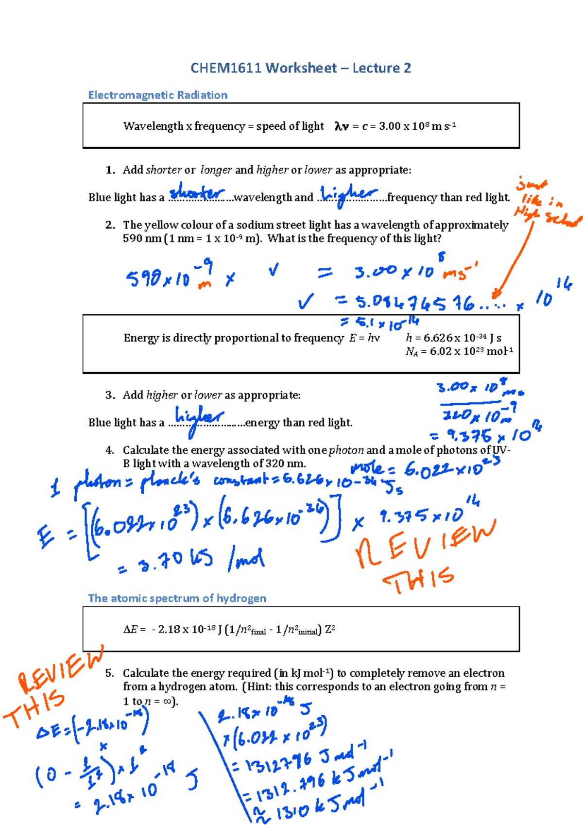L2 Worksheet - CHEM1611 Worksheet 3 Lecture 2 Electromagnetic Radiation ...