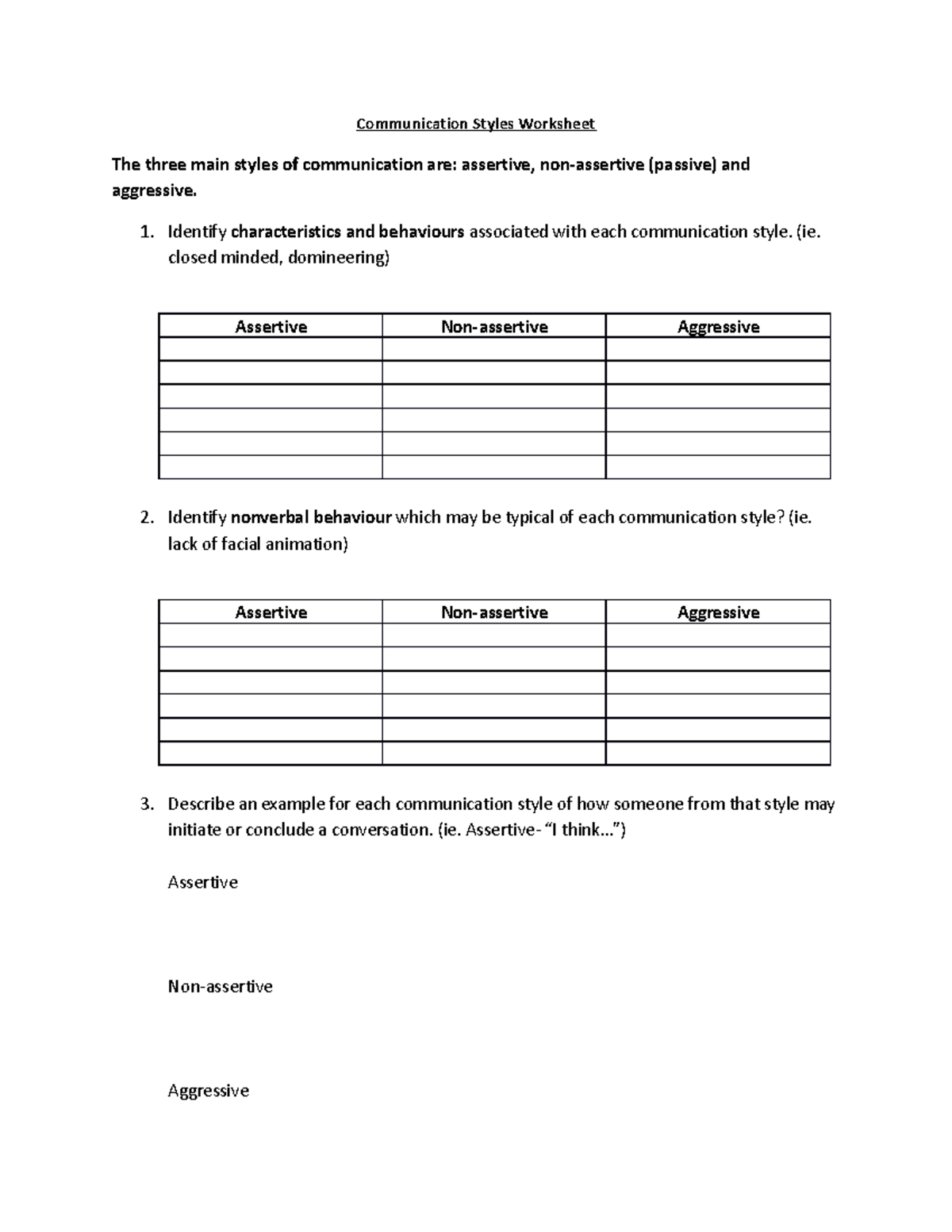 Communication Styles Worksheet - Identify characteristics and ...