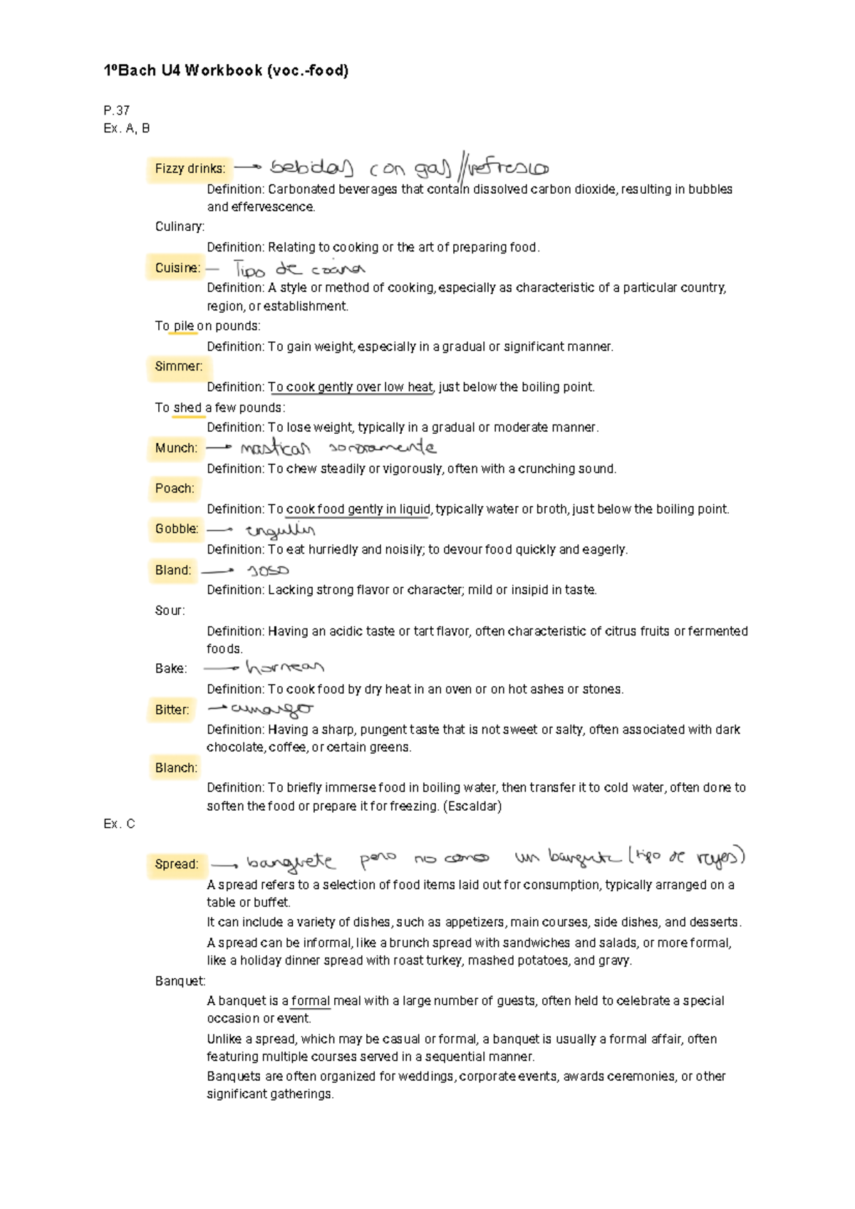 1ºBach U4 Workbook voc-food - 1ºBach U4 Workbook (voc.-food) P. Ex. A ...
