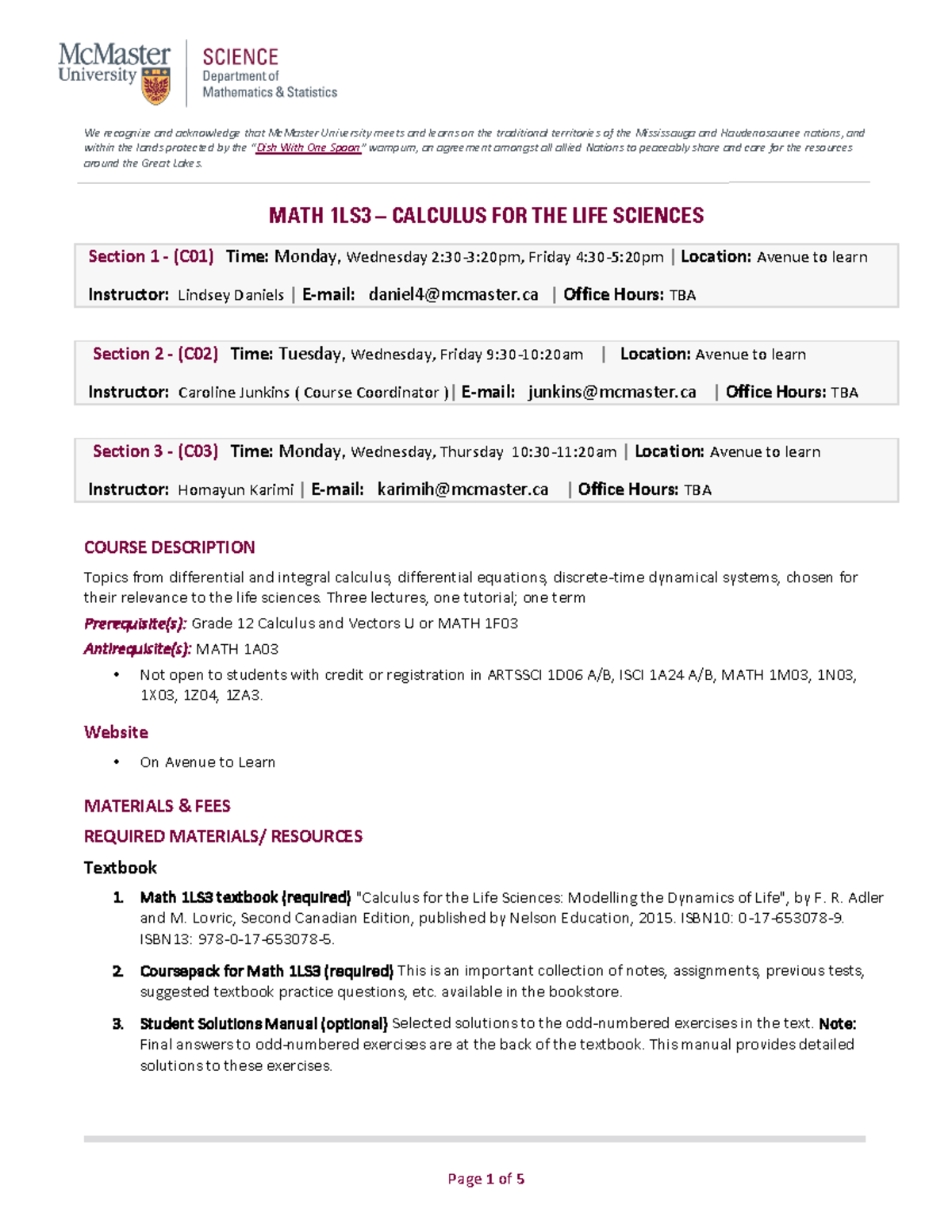 MATH 1LS3 Calculus for the Life Sciences - F2020 - Math 1Ls3 - McMaster - Studocu