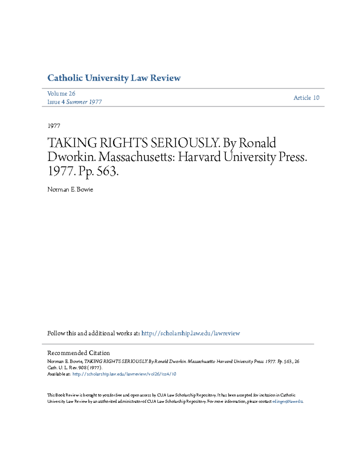 Taking Rights Seriously. By Ronald Dworkin. Massachusetts Harvar ...