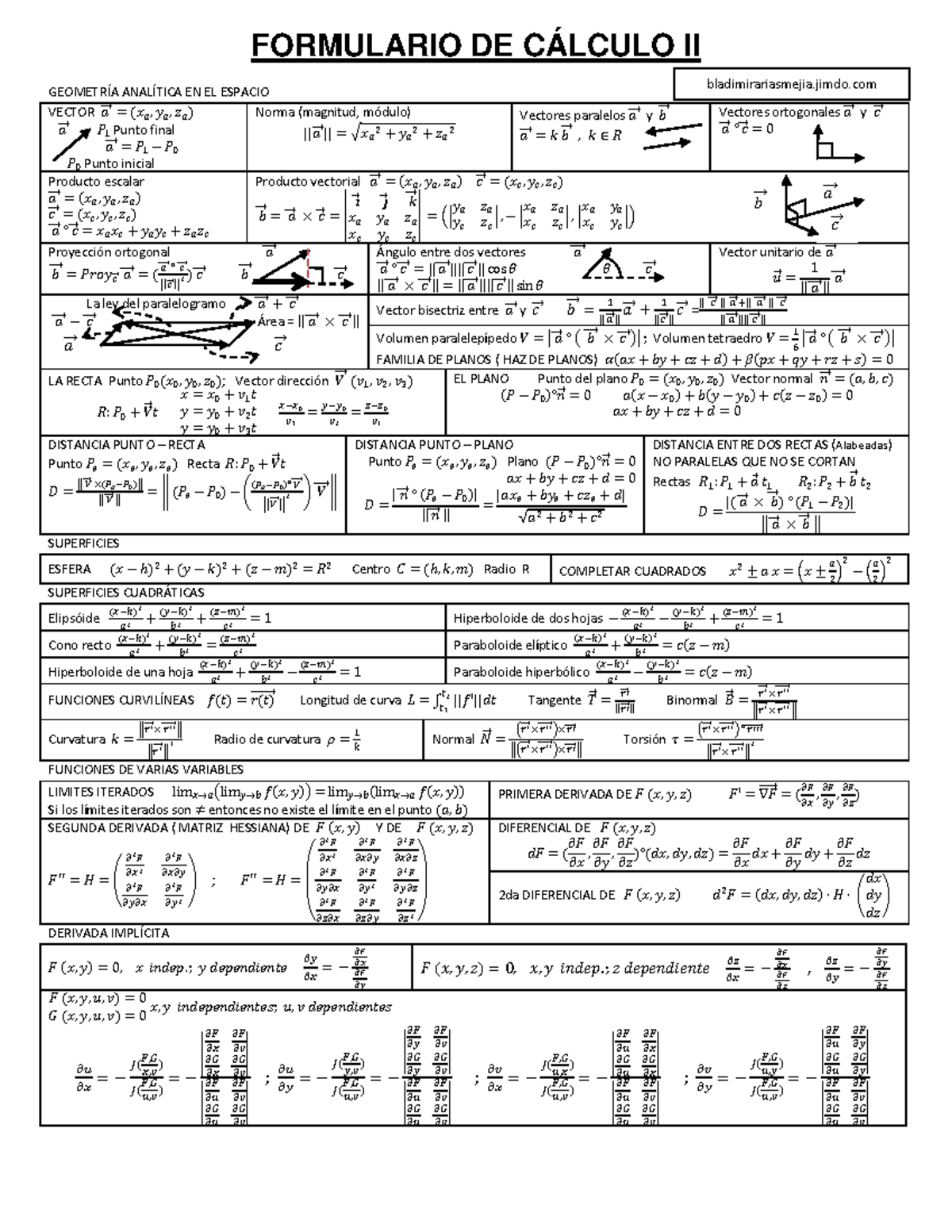 Formulario Calculo Vectorial - bladimirariasmejia.jimdo FORMULARIO DE ...
