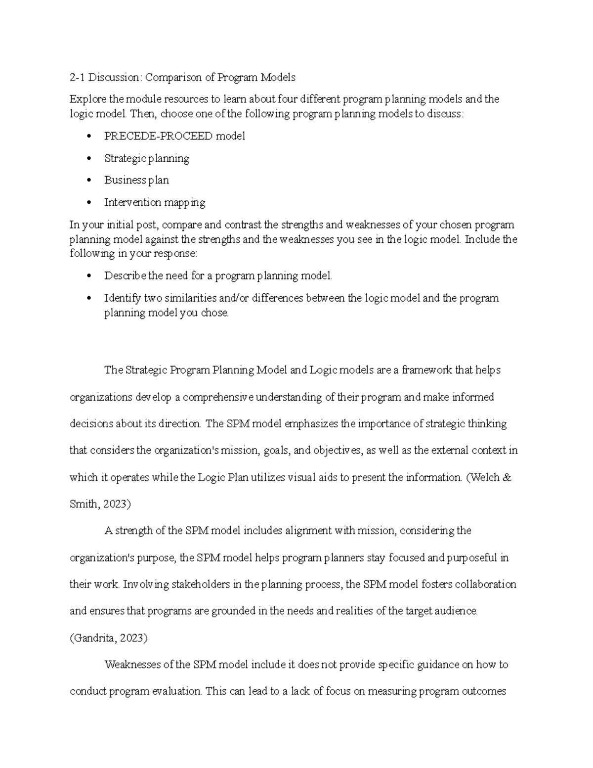 2-1 Discussion Comparison of Program Planning Models - 2-1 Discussion ...
