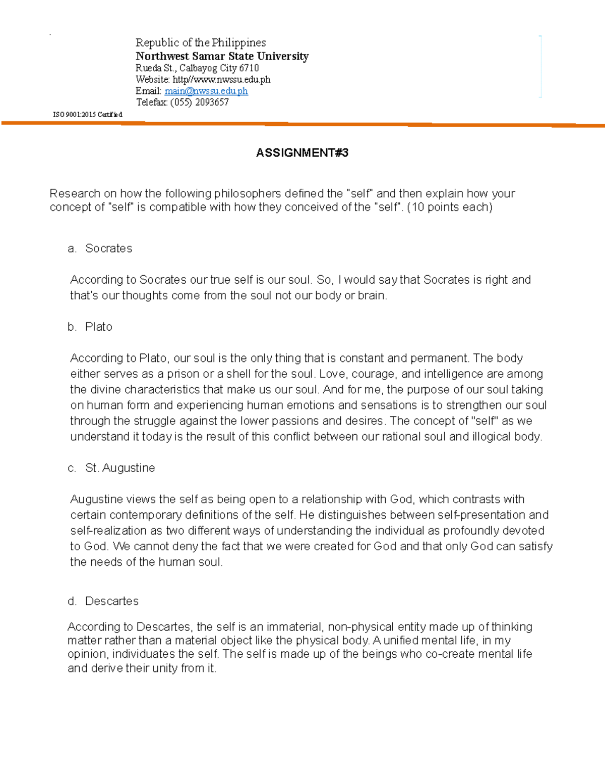 Assignment #3 - ISO 9001:2015 Certified Republic of the Philippines ...