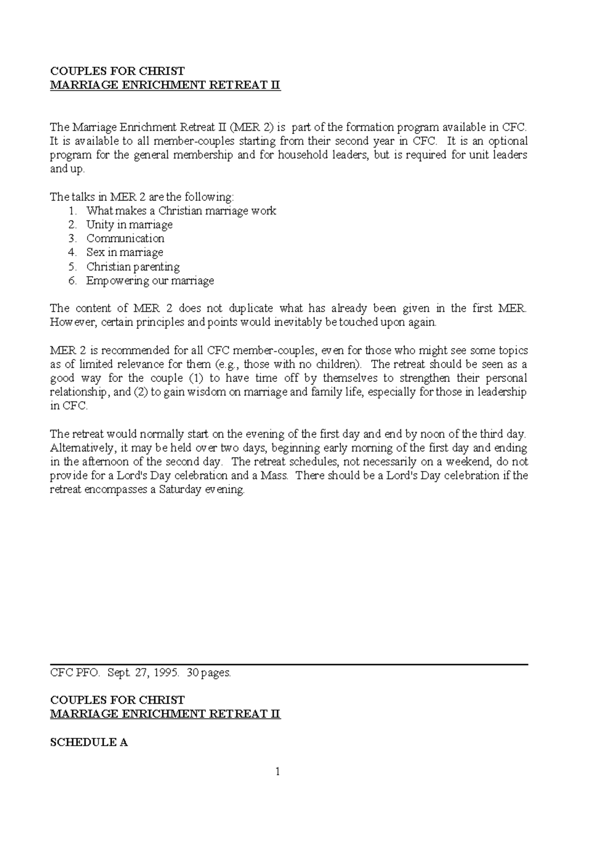 CFC Marriage Enrichment Retreat II - COUPLES FOR CHRIST MARRIAGE ...