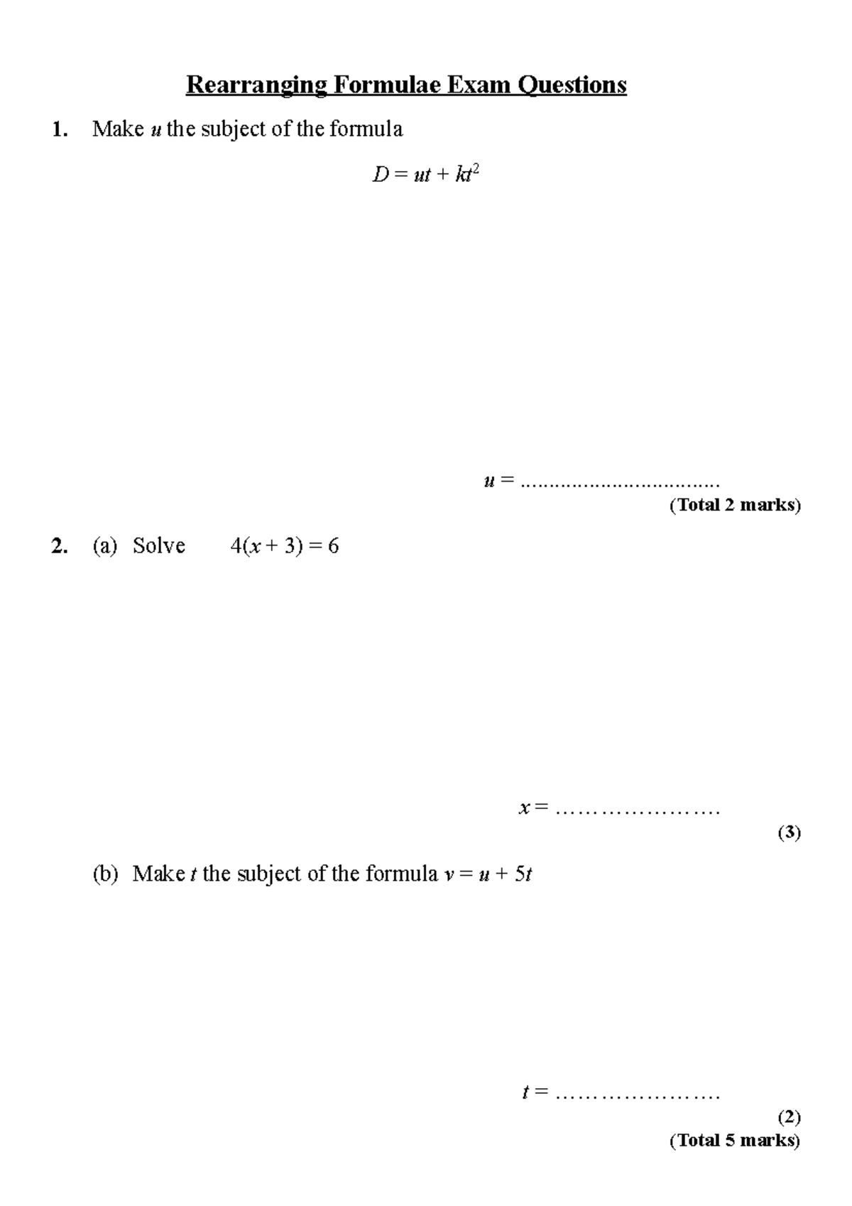 Rearranging formulae exam questions - Rearranging Formulae Exam ...