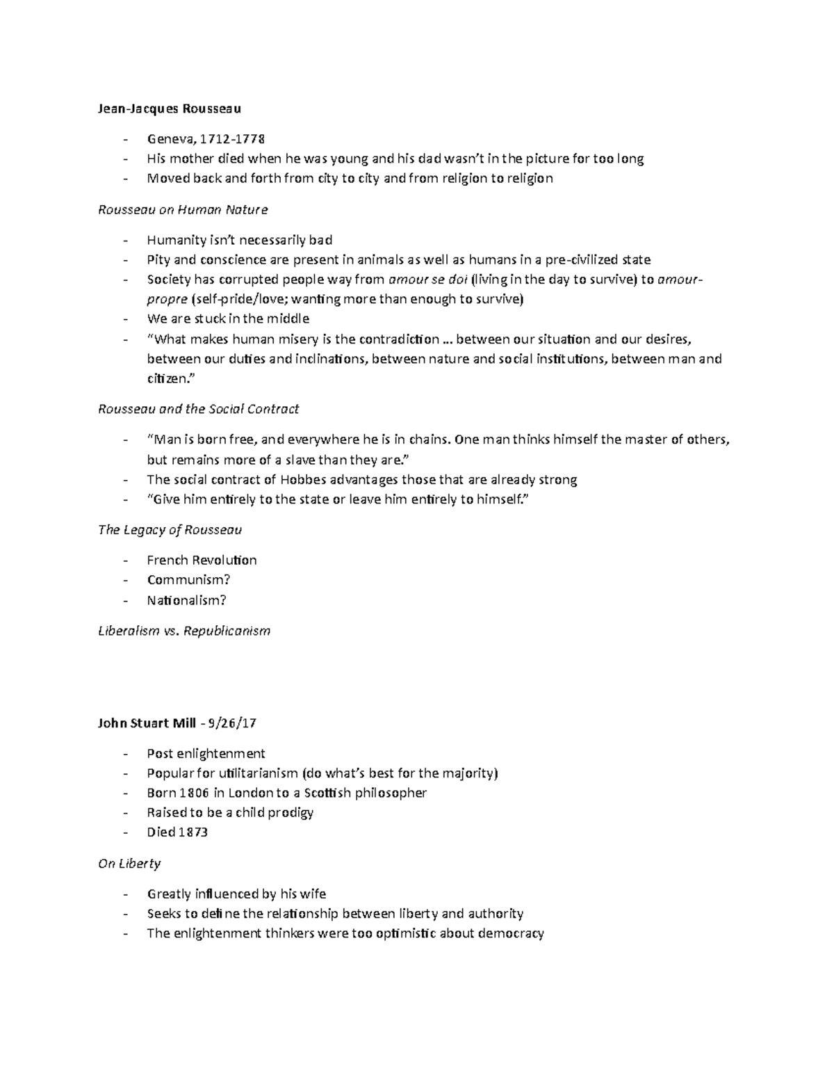 Hon350 - Dr. O - Jean-Jacques Rousseau Geneva, 1712- His mother died ...