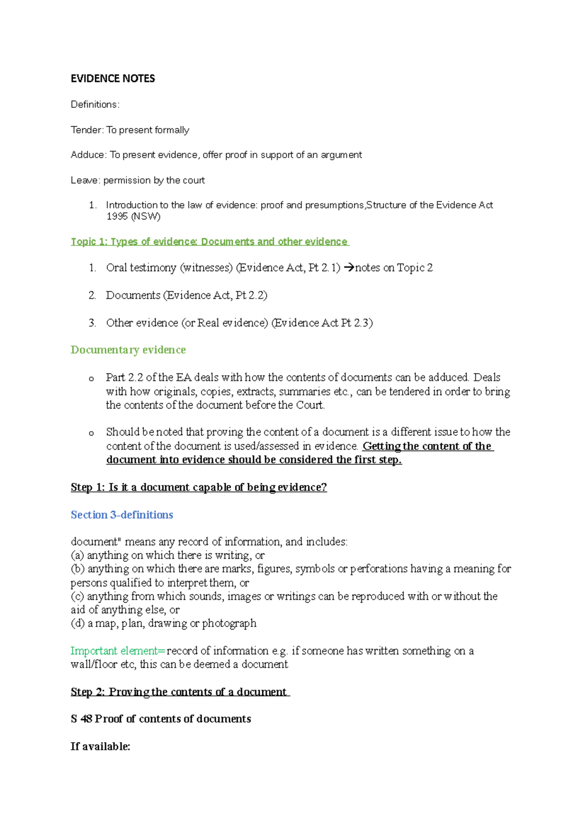 Evidence notes - EVIDENCE NOTES Definitions: Tender: To present ...