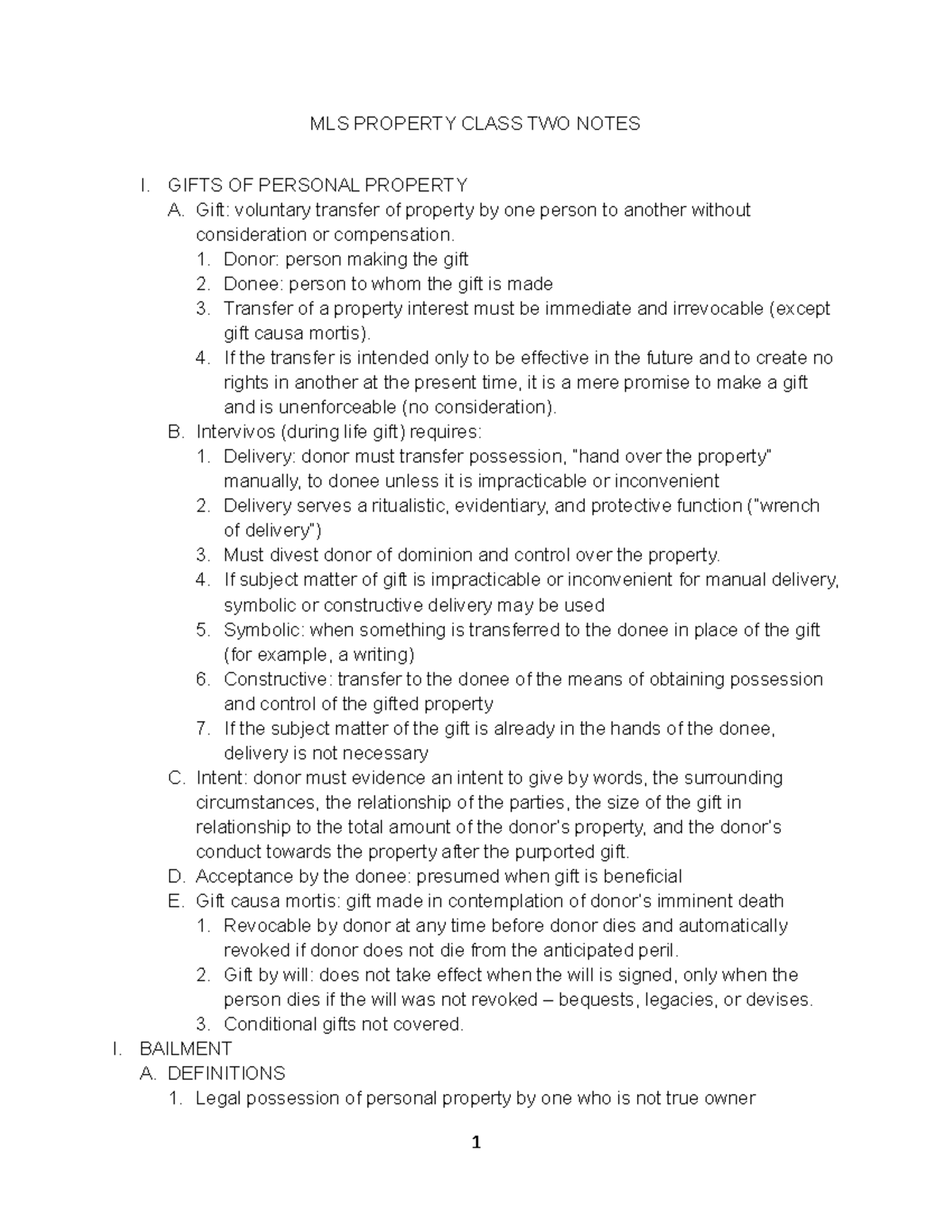 Week 2 Notes - MLS PROPERTY CLASS TWO NOTES I. GIFTS OF PERSONAL ...