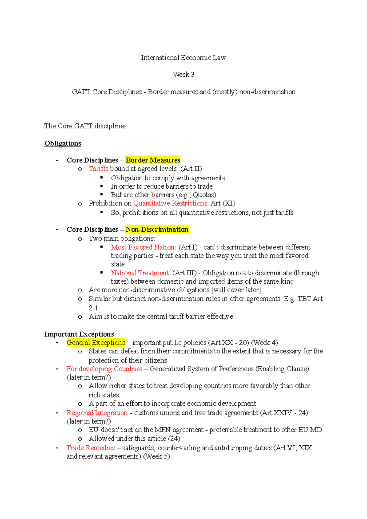 GATT Core Disciplines - Border measures and non-discrimination ...