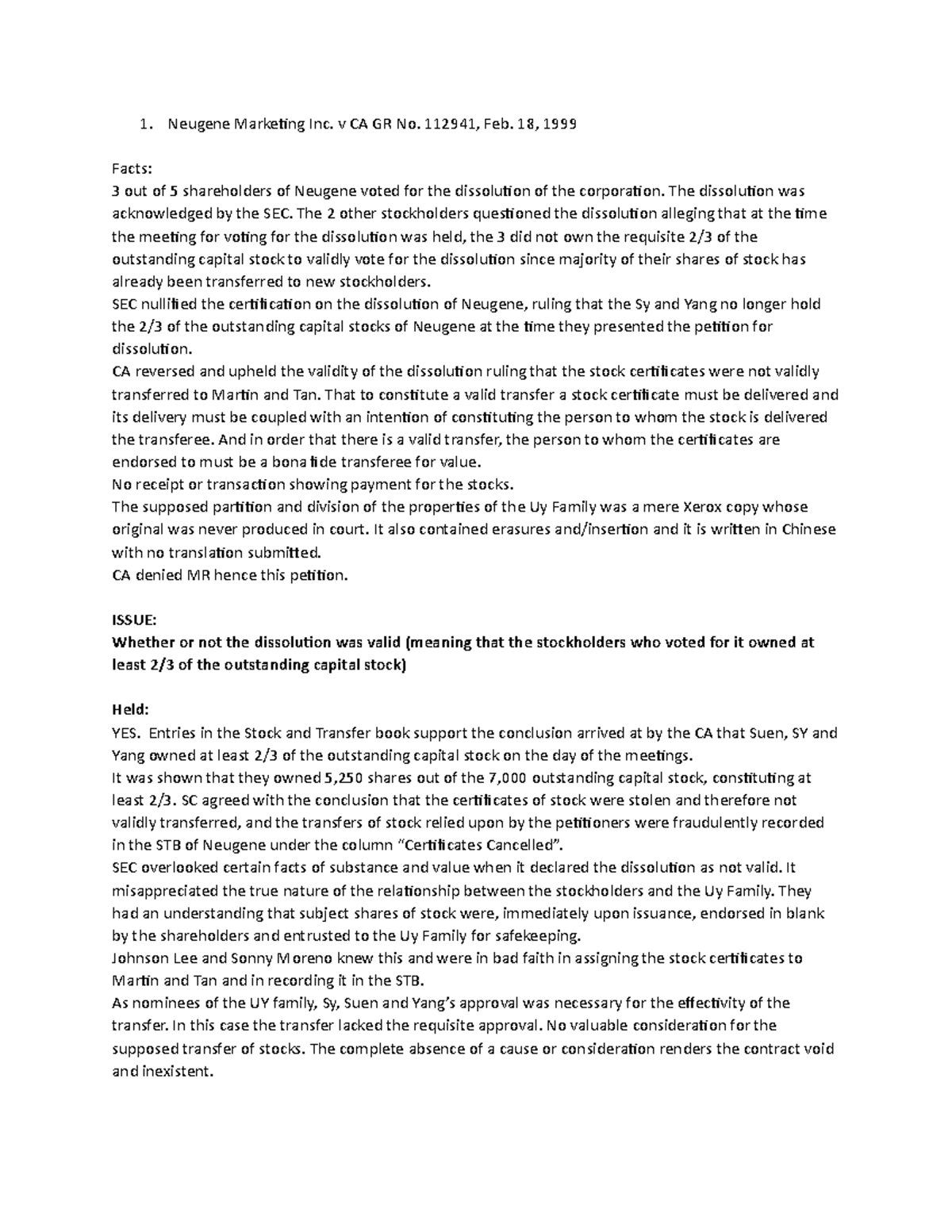 Case Assignment 5 2023 - Case Digests - Neugene Marketing Inc. v CA GR No. 112941, Feb. 18, 1999 ...