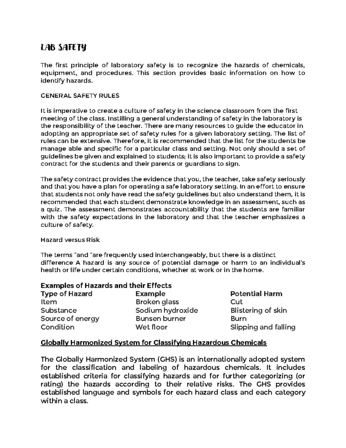 Laboratory Safety - LAB SAFETY The first principle of laboratory safety ...