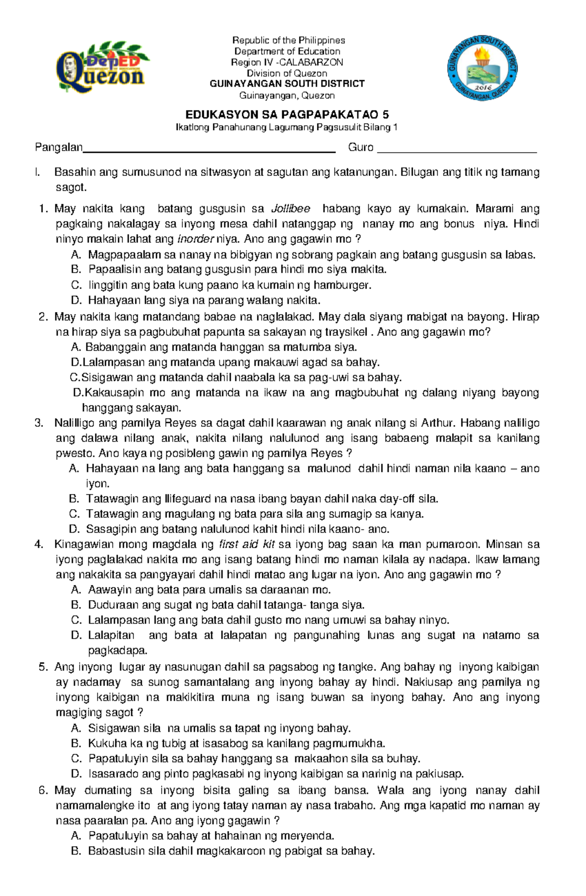 ESP 5 Q3 ST1 - FOR STUDY PURPOSES - Republic of the Philippines ...