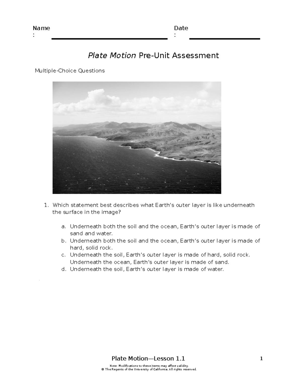 PM Resource Pre-Unit-Assessment Copymaster - : : Plate Motion Pre-Unit ...
