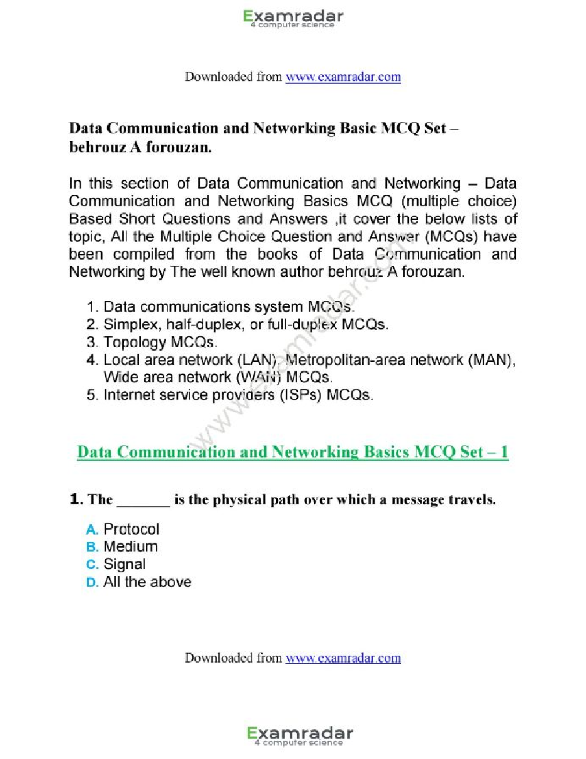 CH 1 data communication networking basic mcq set behrouz forouz ...