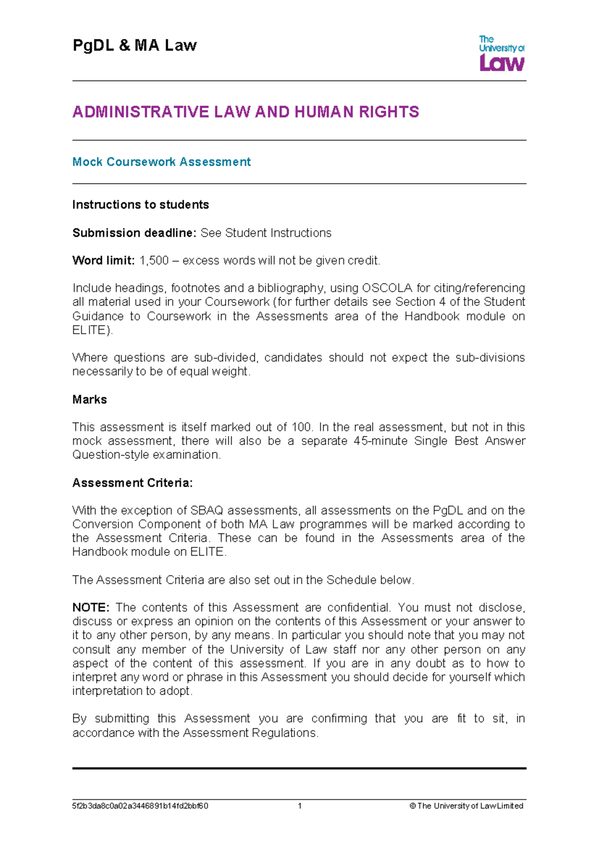 Mock exam - ADMINISTRATIVE LAW AND HUMAN RIGHTS Mock Coursework ...