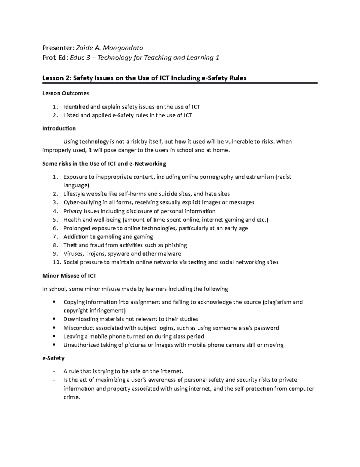 Safety Issues on the Use of ICT including e-Safety Rules - Handouts ...