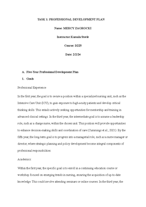 D225 Task 1 - Five Year Plan - Professional Development Plan Briahna ...