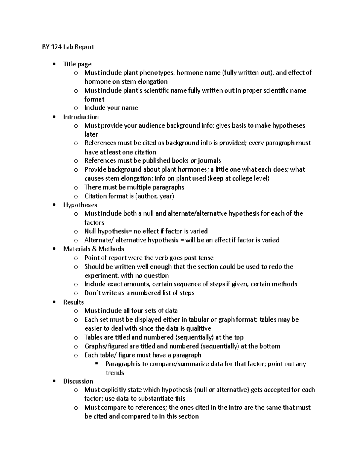 BY 124 Lab Report - BY 124 Lab Report Title page o Must include plant ...