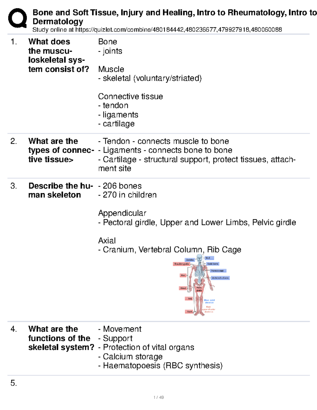 Year 1 MSK - Practice questions in the style of flash cards on all ...