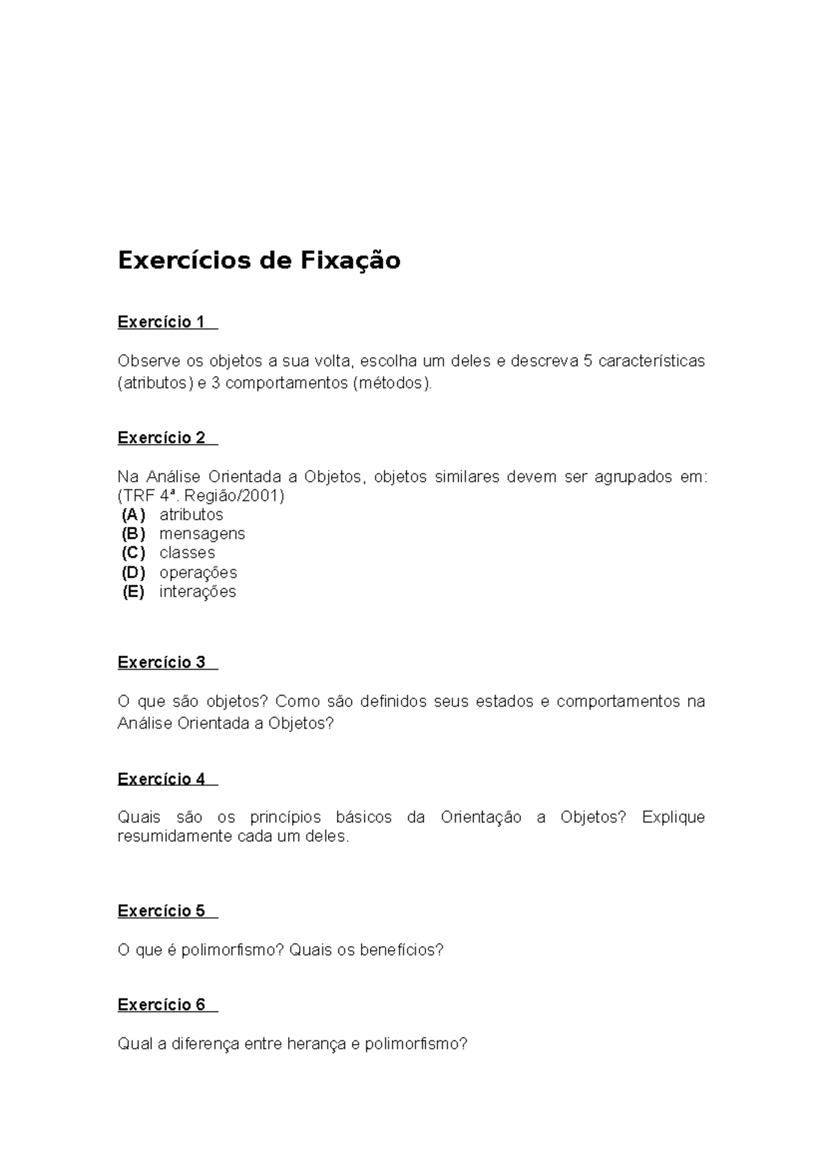 As Atividade 01 Unidade 02 Princípios Oo Exercícios De Fixação