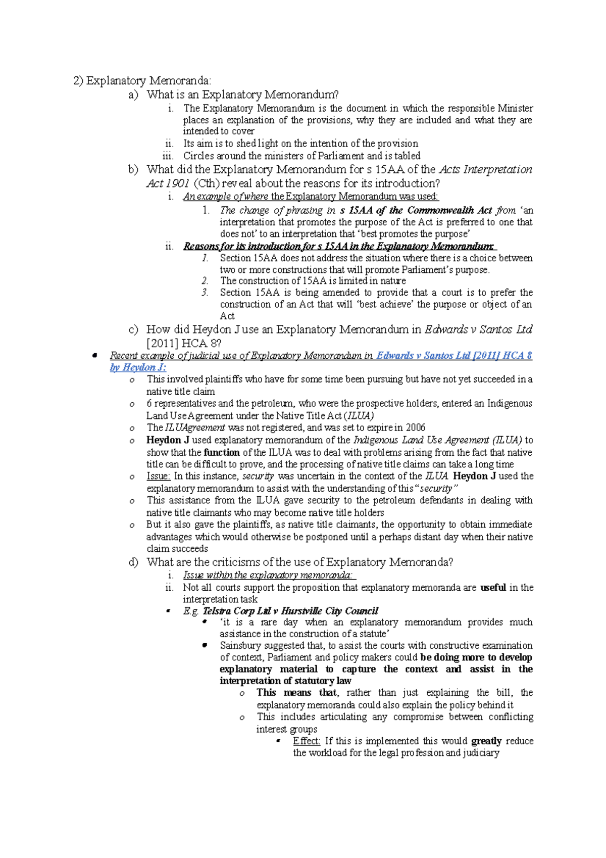 LLB 1160 Week 8 Questions - 2) Explanatory Memoranda: a) What is an ...