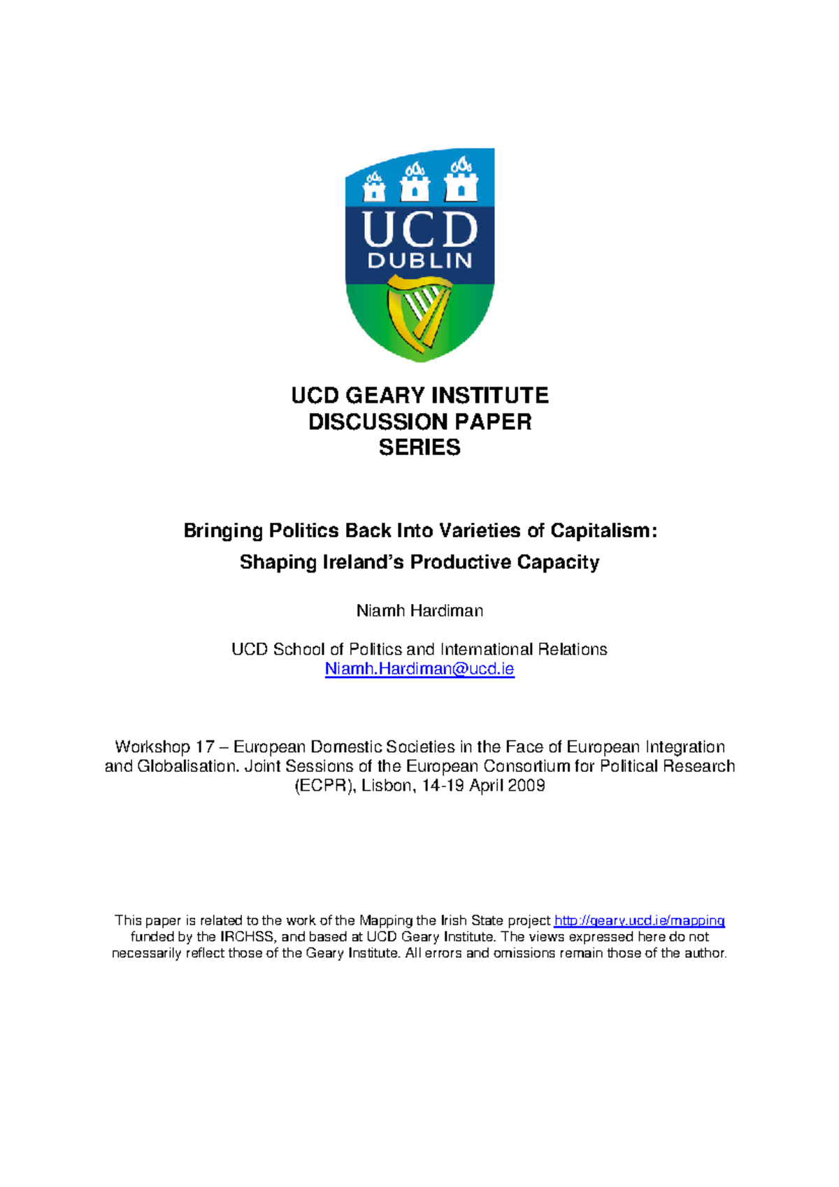 Bringing Politics Back into Varieties of Capitalism - UCD GEARY ...