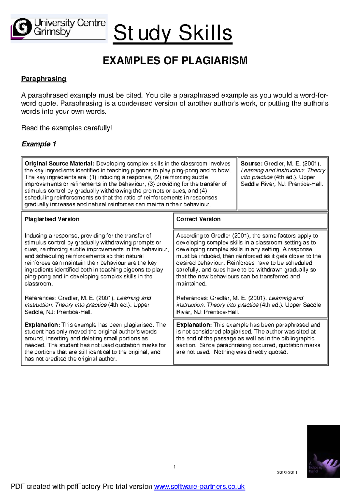 Plagarism Guide Examples - 1 2010- Study Skills EXAMPLES OF PLAGIARISM ...