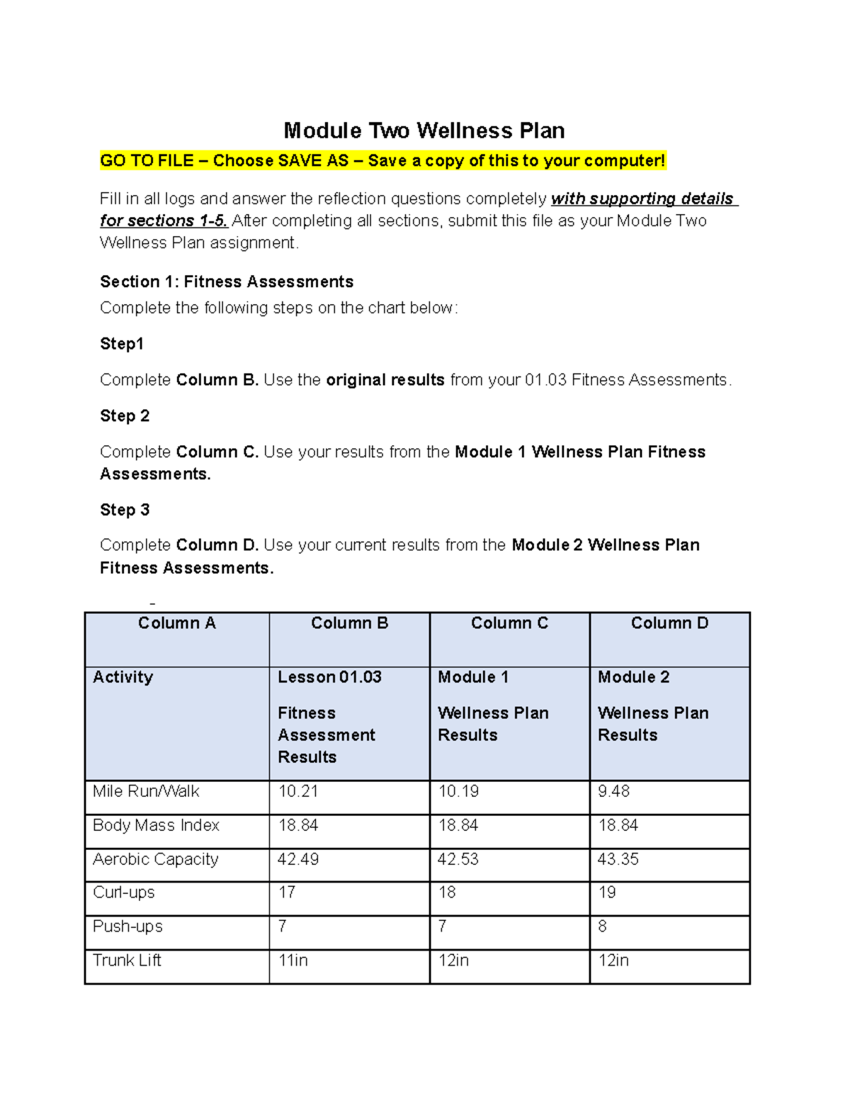 Module two wellness plan - Module Two Wellness Plan GO TO FILE – Choose ...