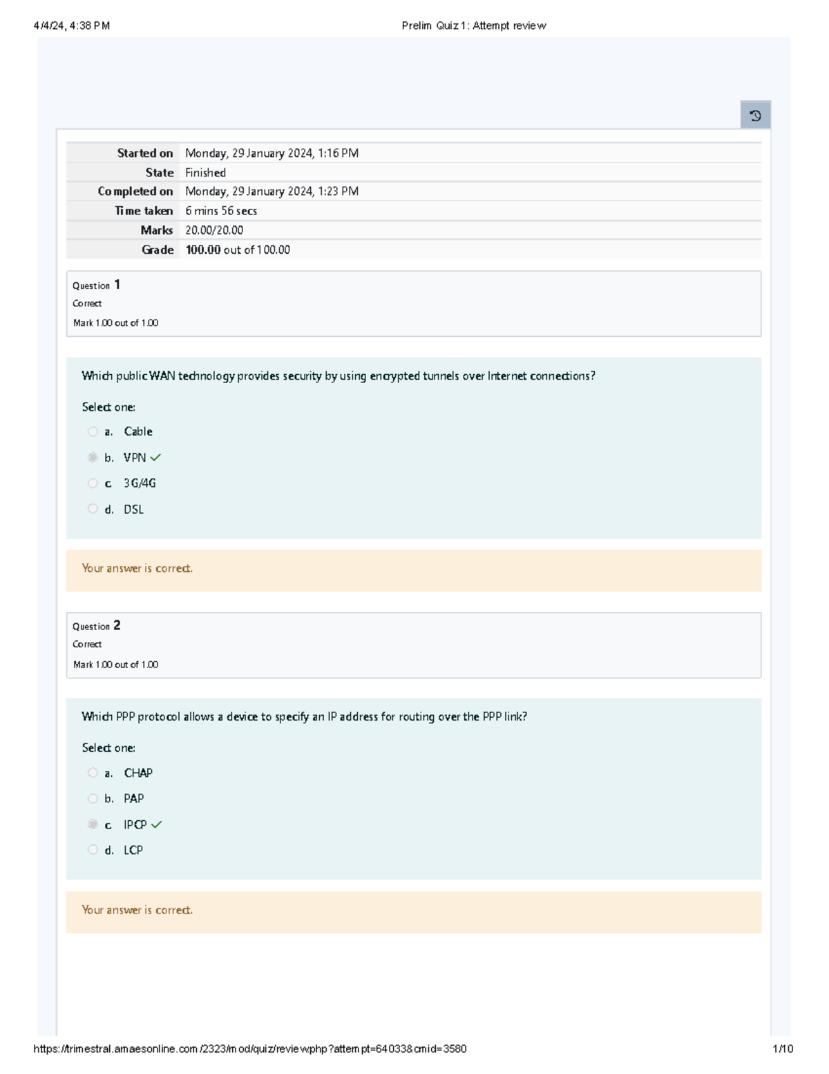 Data Communication 4 Prelim Quiz 1 - Started on Monday, 29 January 2024, 1:16 PM State Finished ...