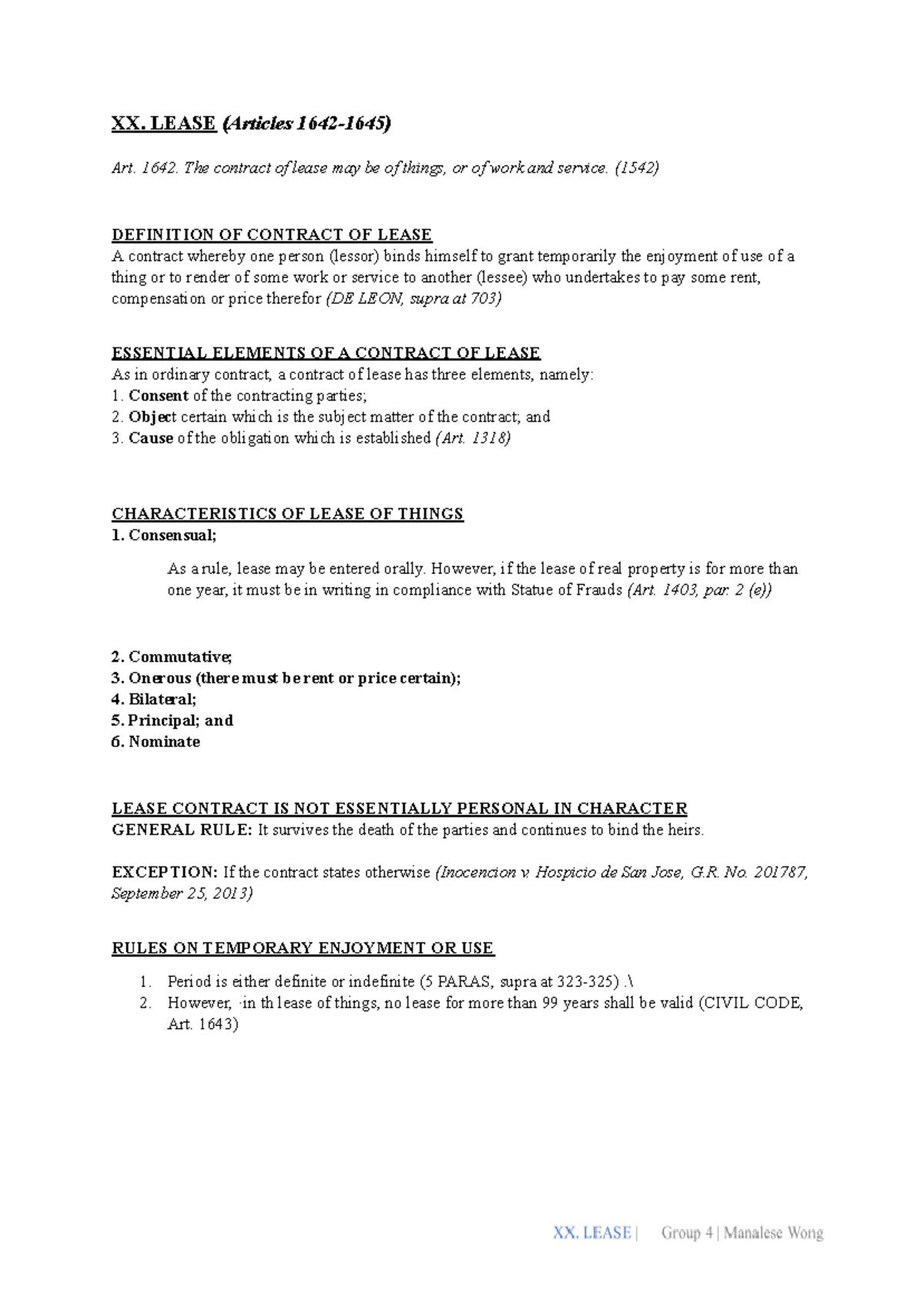 XX. Lease - Summary Obligations and Contracts - XX. LEASE (Articles ...