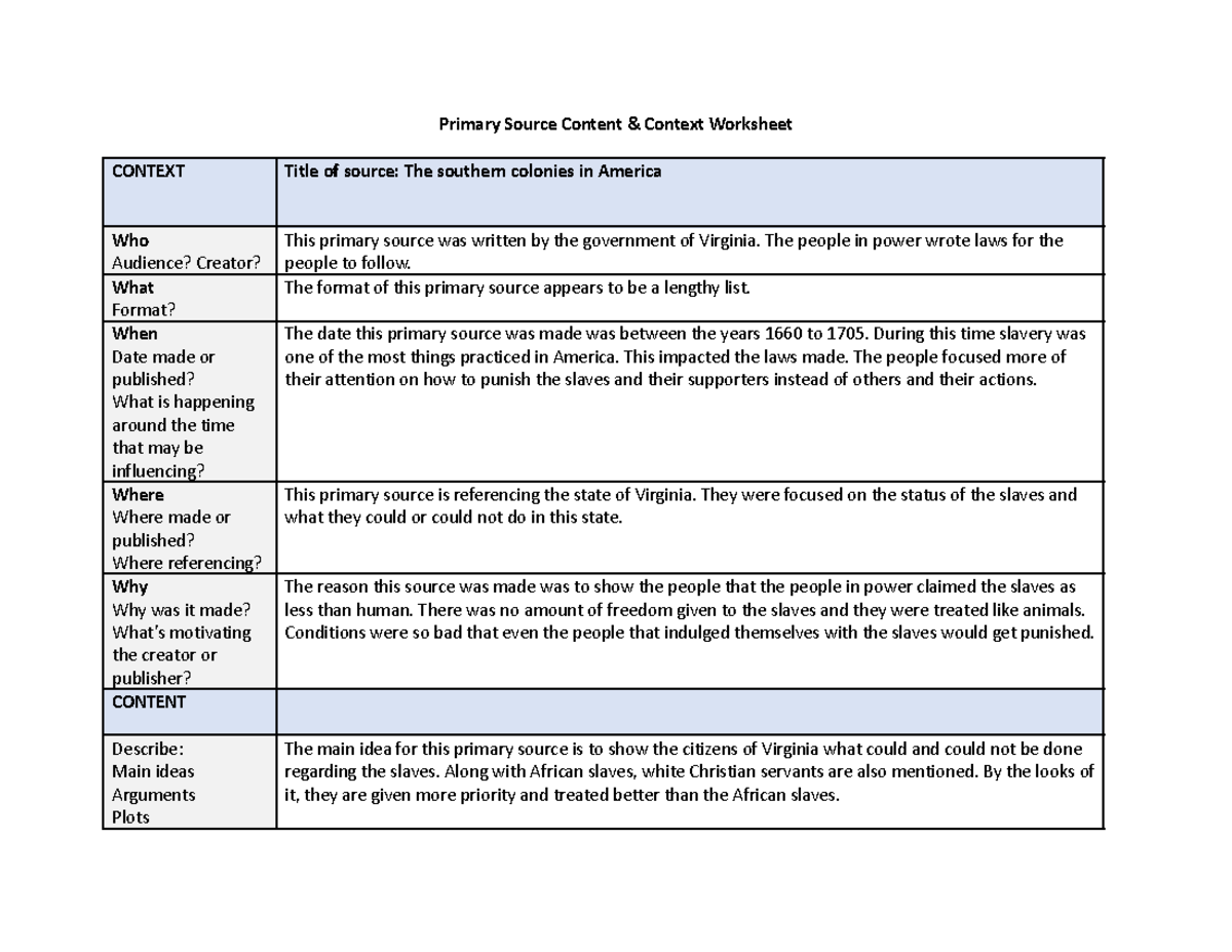 History 103 - Practice - Primary Source Content & Context Worksheet ...