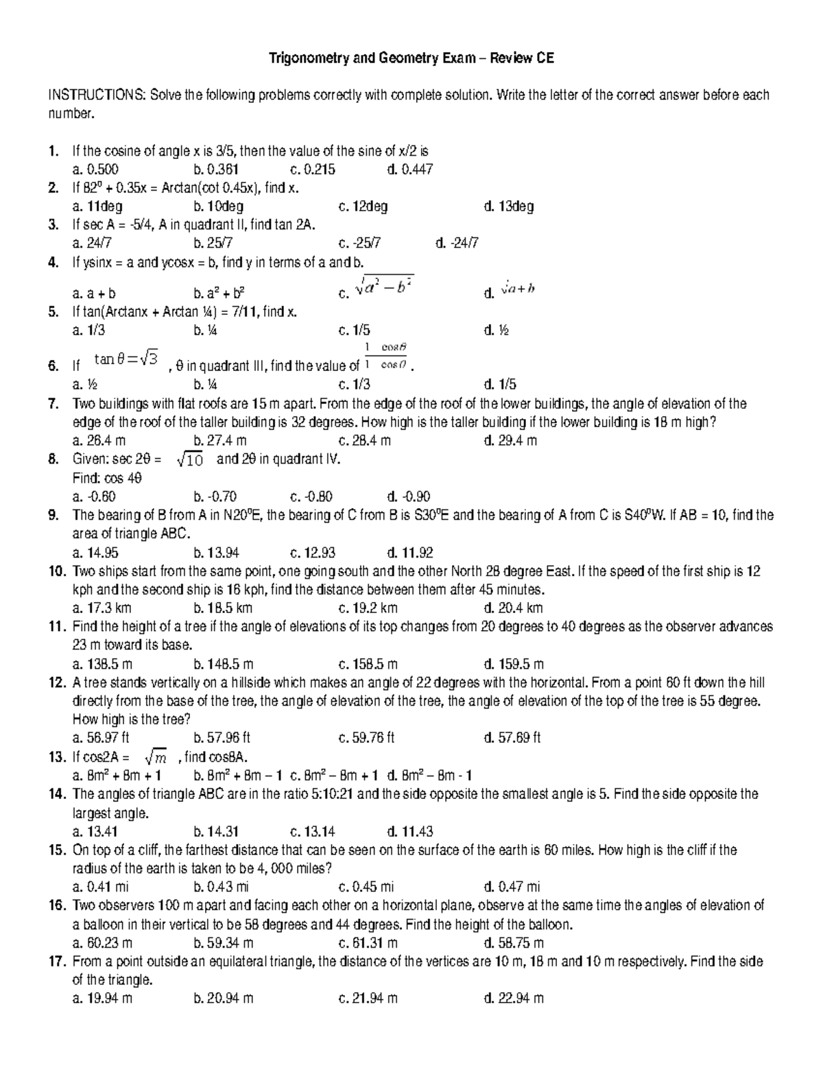 Trigo-and-geometry-exam - Trigonometry and Geometry Exam – Review CE ...