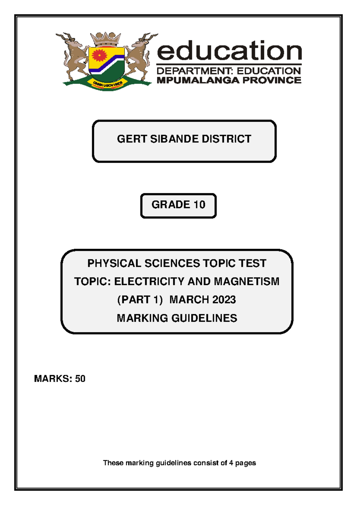 Topic TEST G 10 MEMO ( Electricity & Magnetism) 2023 - MARKS: 50 These ...