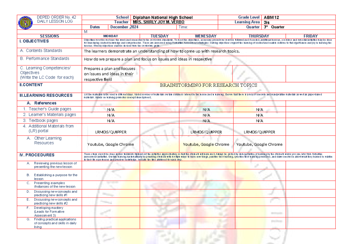 Lesson plan week 1 3is - DEPED ORDER No. 42 DAILY LESSON LOG School ...