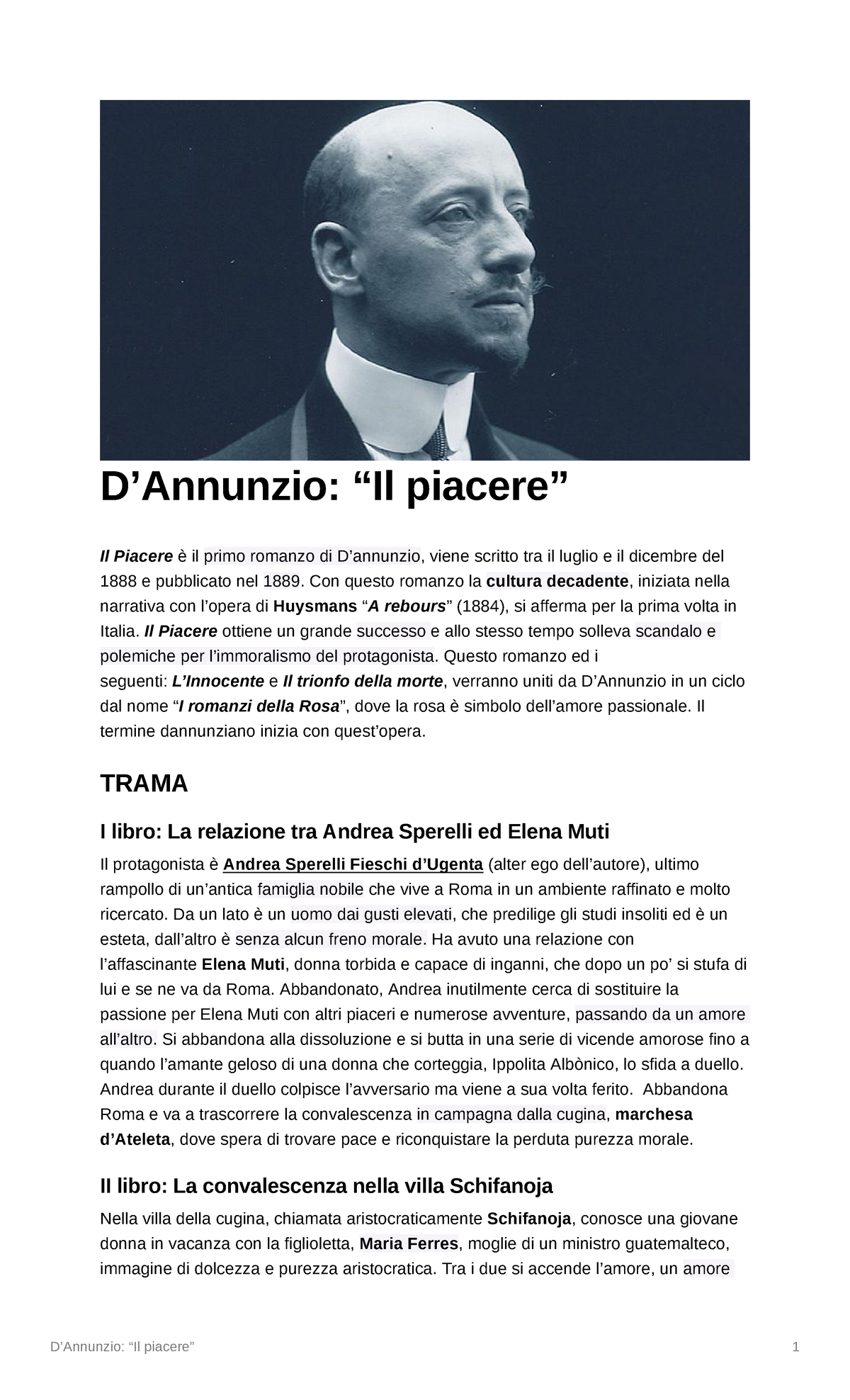 D'Annunzio - Il piacere - D’Annunzio: “Il piacere” Il Piacere è il primo romanzo di D’annunzio ...