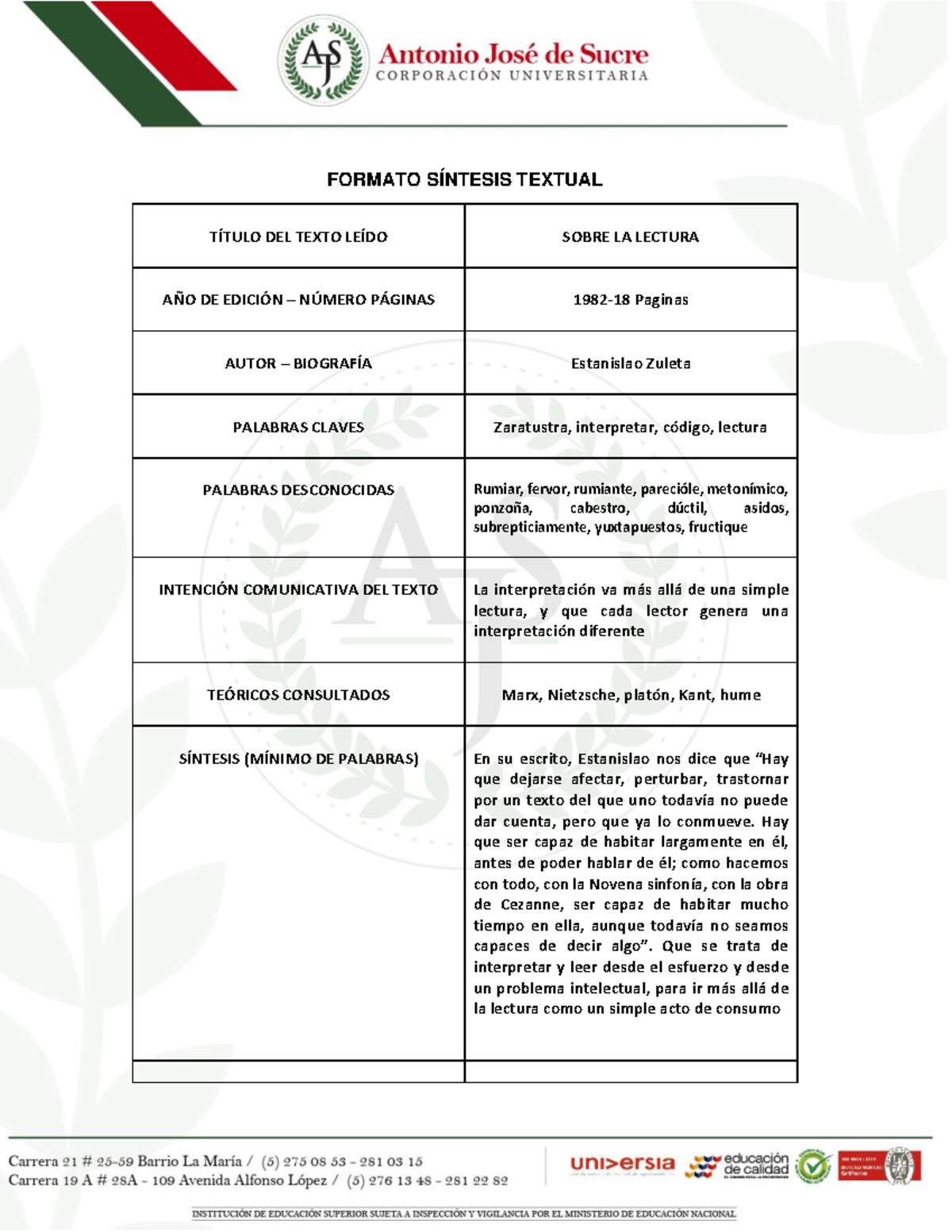 Formato síntesis textual Cesar Campo - FORMATO SÍNTESIS TEXTUAL TÍTULO ...