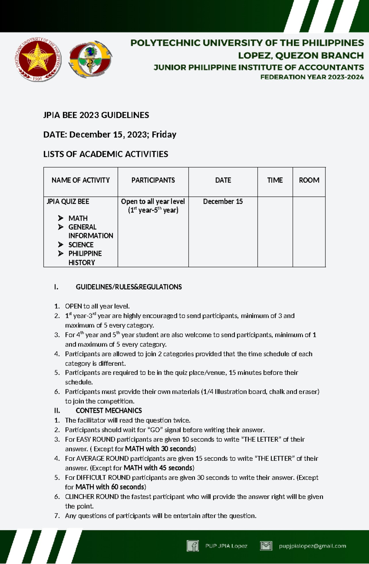 JPIA- Academics 2023 - JPIA BEE 2023 GUIDELINES DATE: December 15, 2023 ...