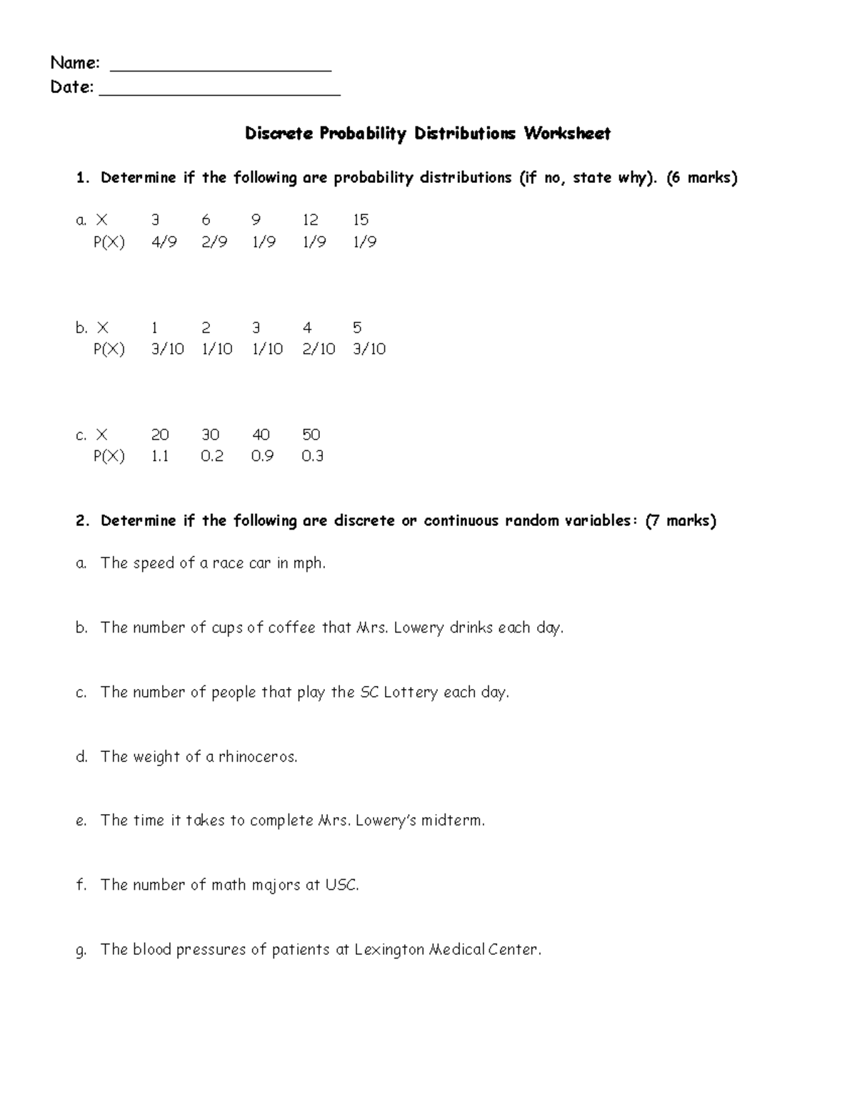 Discrete Probability Distributions Worksheet (Tutorial 1) - Name ...