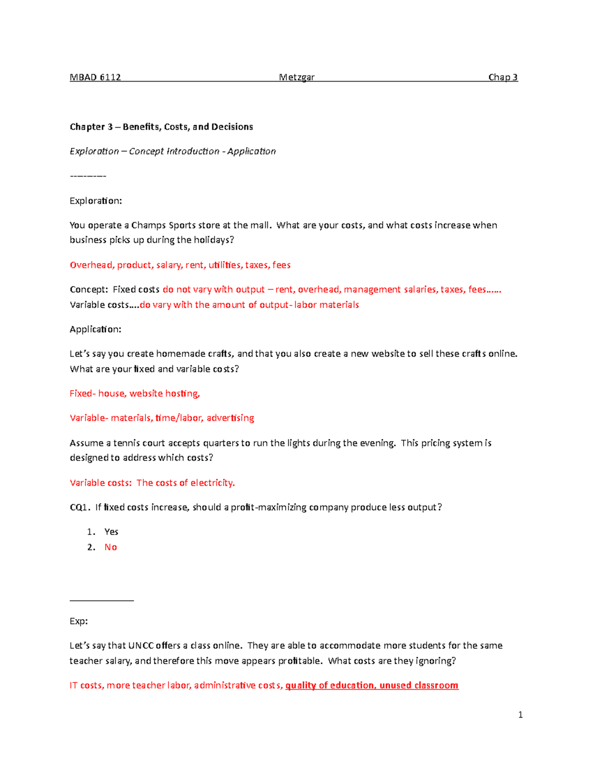 MBAD 6112 Chap 3 Notes(clicker) - MBAD 6112 Metzgar Chap 3 Chapter 3 ...