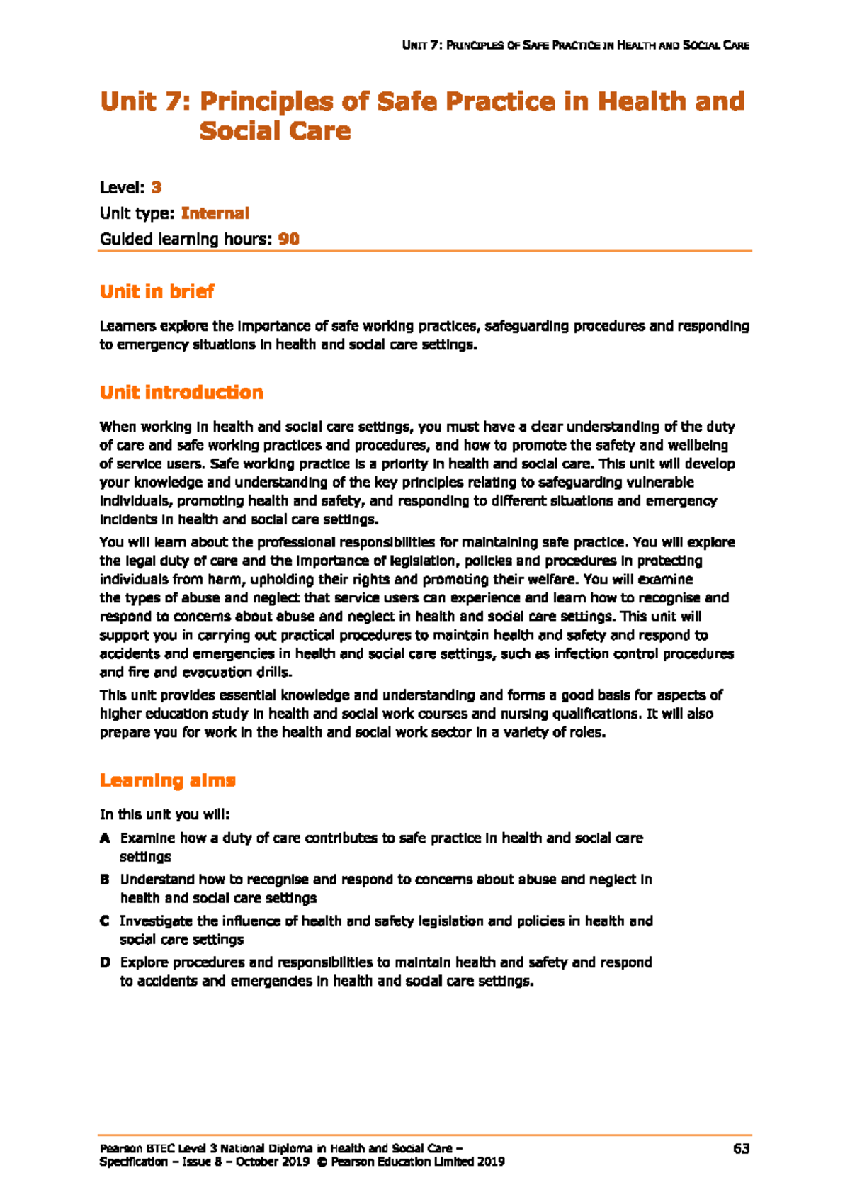 Unit 7 Unit Content - Health care - UNIT 7: PRINCIPLES OF SAFE PRACTICE ...