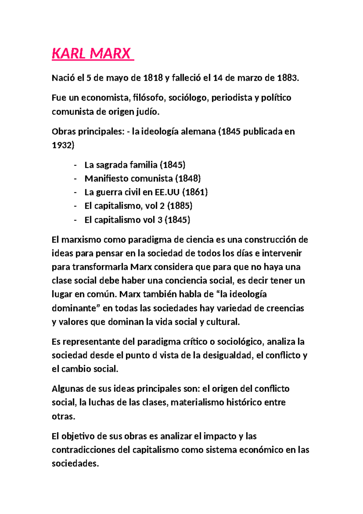 datos- biografia karl marx - KARL MARX Nació el 5 de mayo de 1818 y ...