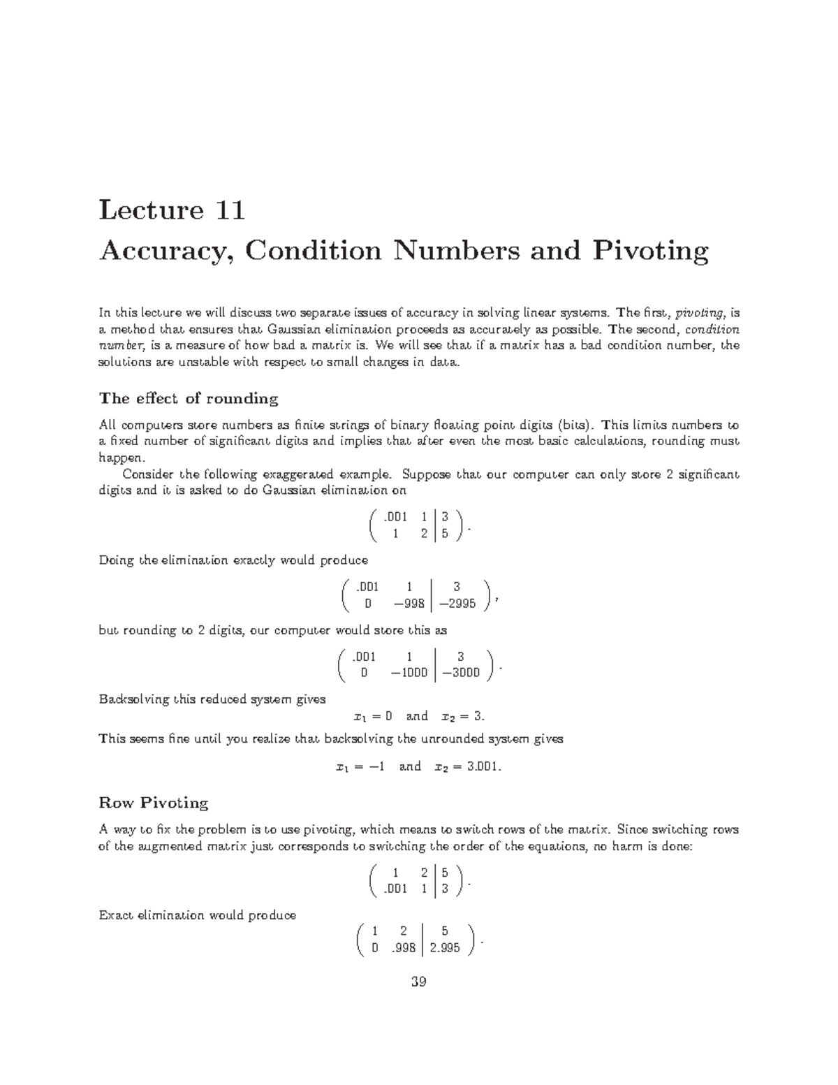 Lecture 11 Math 3600 Spring 2015 Lecture 11 Accuracy Condition Numbers And Pivoting In This