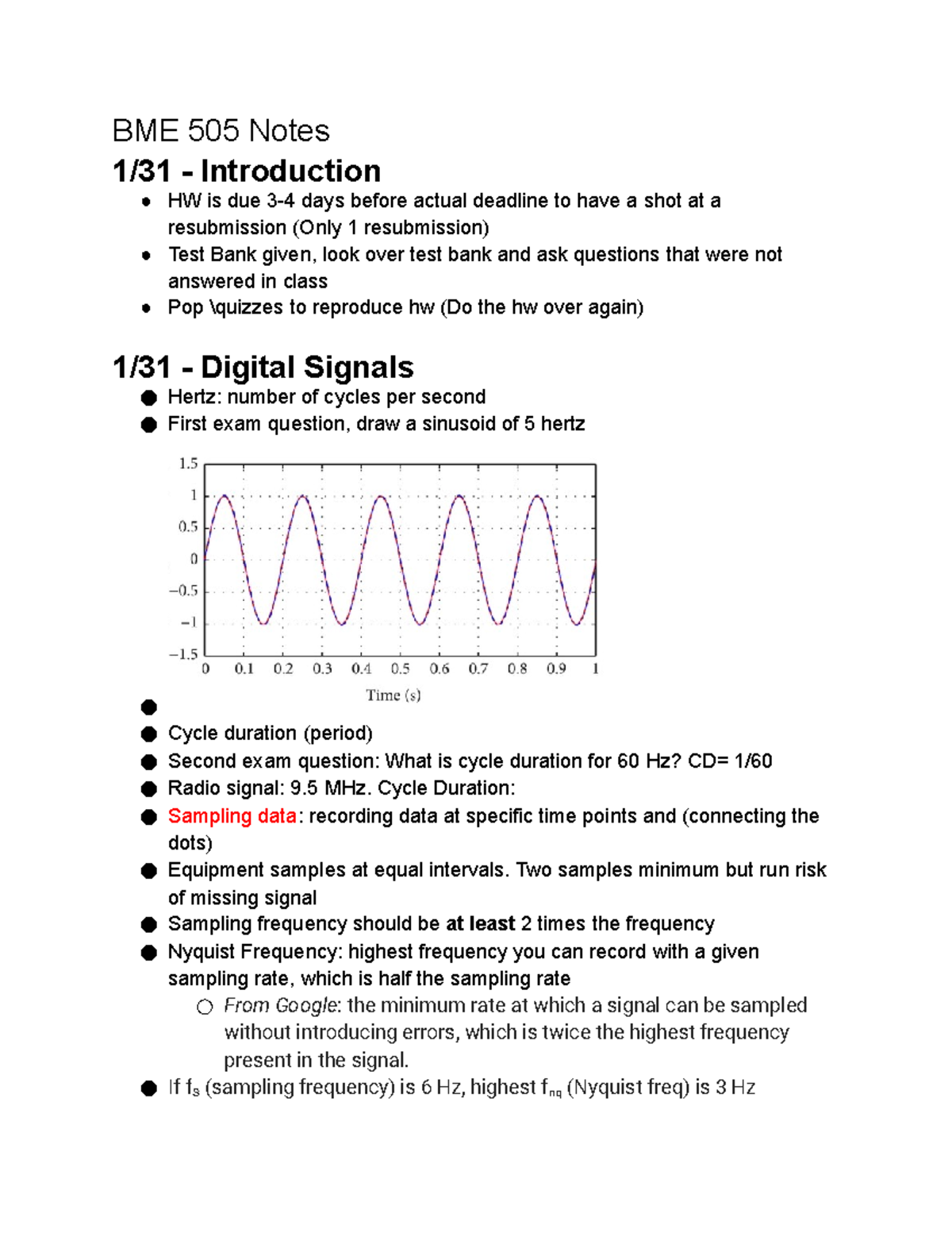 BME 505 Full Course Study Guide - BME 505 Notes 1/31 - Introduction HW ...