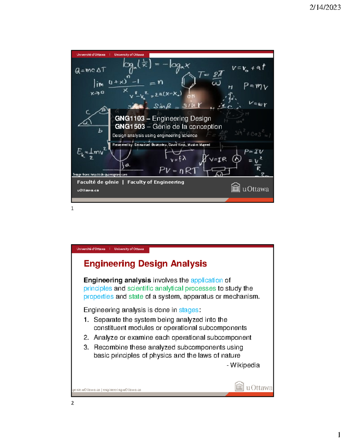 10 Engineering Analysis V4 -m-w2023 - GNG1103 – Engineering Design GNG1503 – Génie de la ...