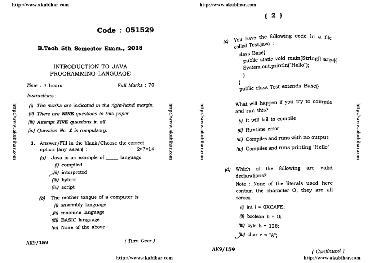 Btech cse 5 sem introduction to java programming language 051529 2018 - ( 2) Code : 051529 (c ...